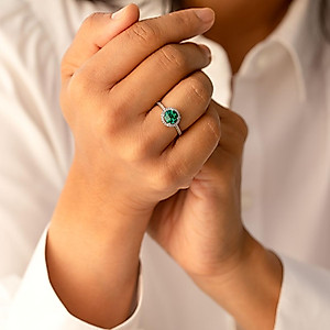 PEORA Created Emerald Ring for Women 14K White Gold with Genuine White Topaz, 1 Carat Round Shape 6.5mm, Halo Design, Size 9