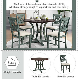 5 Piece Round Dining Table and Upholstered Chair Set with Special-Shaped Legs and Hollow Chair Back for Dining Room, Wood Kitchen Dining Set for 4 Persons (Antique Blue & Dark Brown)
