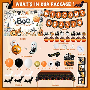 Our Little Boo is on the Way Baby Shower Decorations,Halloween Baby Shower Decorations for Boy Kit Backdrop Backdrop Banner Cake Cupcake Topper Tablecloth Spider Web for Baby Boy Shower Halloween