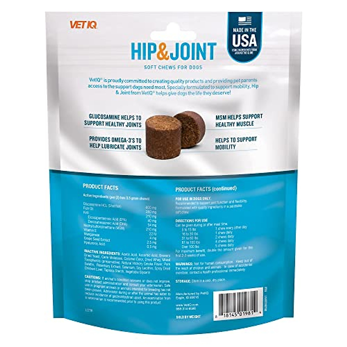 VetIQ Hip & Joint Supplement for Dogs, Anti Inflammatory Joint Support, Glucosamine, MSM, and Krill, Chicken Flavored Soft Chews, 60 Count