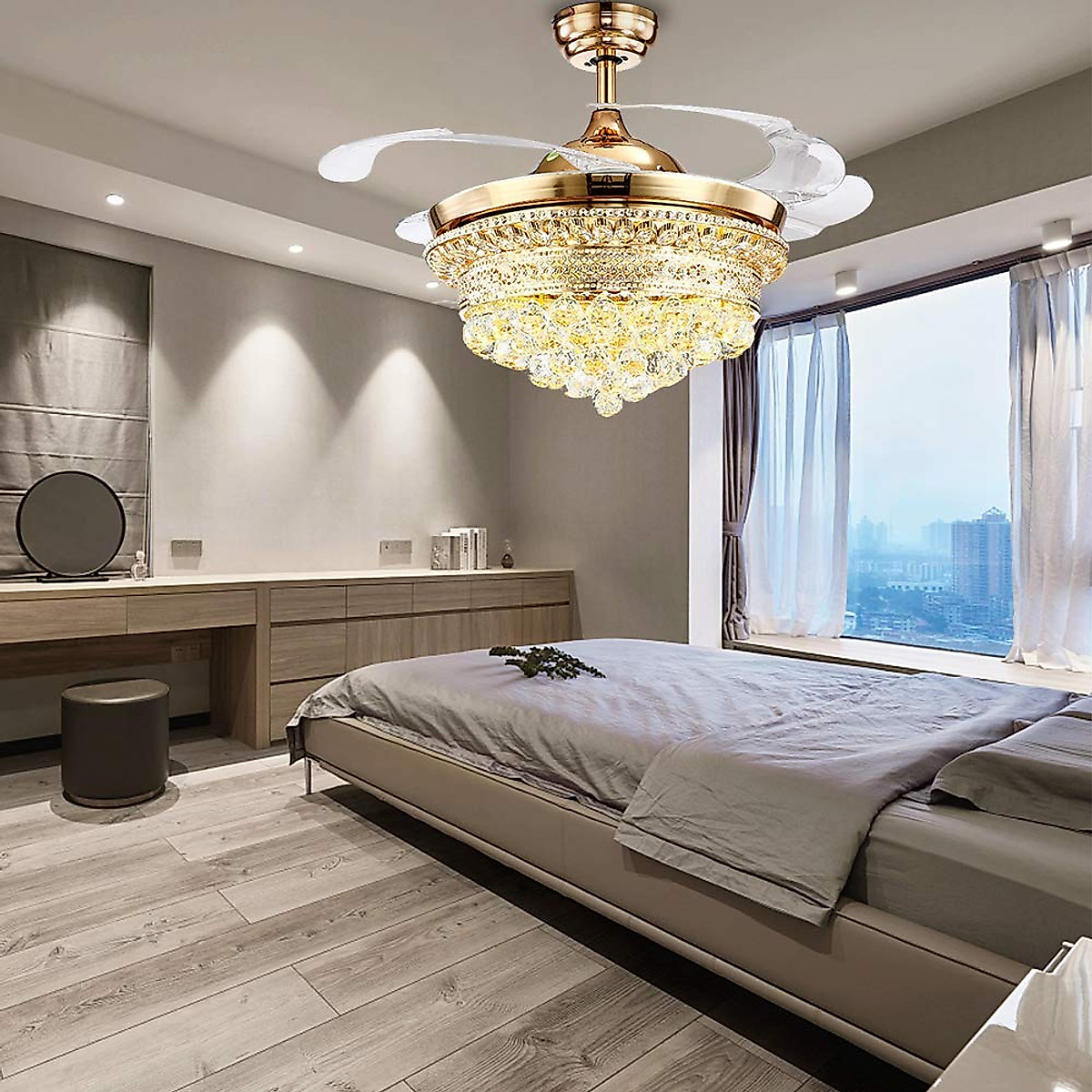 Gdrasuya10 42 Inch Crystal Ceiling Fan with Remote Control, Retractable Invisible Blades, LED Dimmable Chandelier 3 Speed 3 Color Pendant for Bedroom Living Room