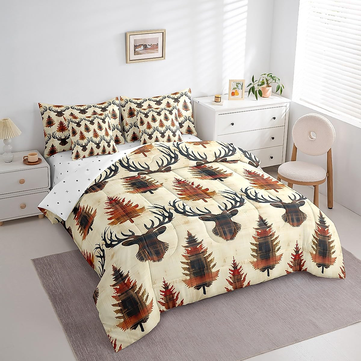 Feelyou Boys Girls Cute Deer Comforter Set with Sheets Queen Size, Deer Hunting 7 Pieces Bedding Sets Kids Antlers Bed in A Bag Boho Teens Bed Set Bedroom Decor
