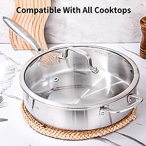 DELARLO Tri-Ply Stainless Steel Saute Pan With Lid 5.5QT,12.3Inch Deep Frying pan,Induction Large Skillet,Jumbo Cooker,Efficent Fast Even Heating Cooking Pan Dishwasher and Oven Safe