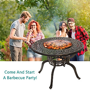 MEETWARM 40.3" Patio Fire Pit Dining Table Round Charcoal and Wood Burning, Outdoor All Weather Cast Aluminum Patio Furniture with Fire Bowl, Cooking BBQ Grill, Wood Grate, Spark Screen and Poker