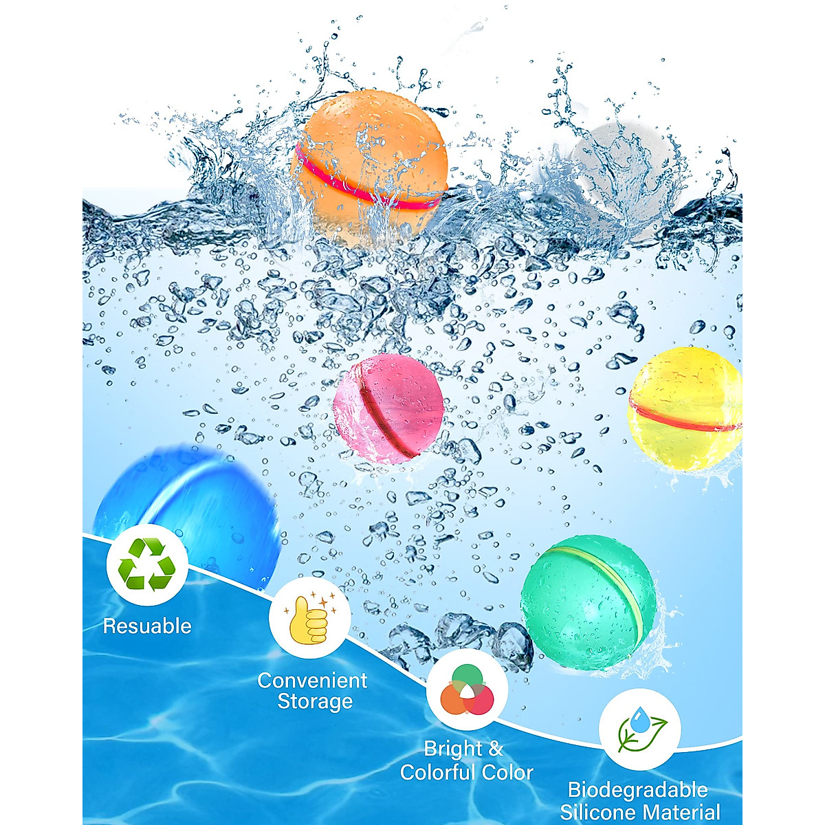 SOPPYCID Water Balloons Reusable, Summer Water Balls for Boys and Girls, Easy to Fill, Fun For Kids Ages 3-12, Water Splash Ball Pool Beach toys for Water Balloon Fights, Bath time, Pool-4Pack