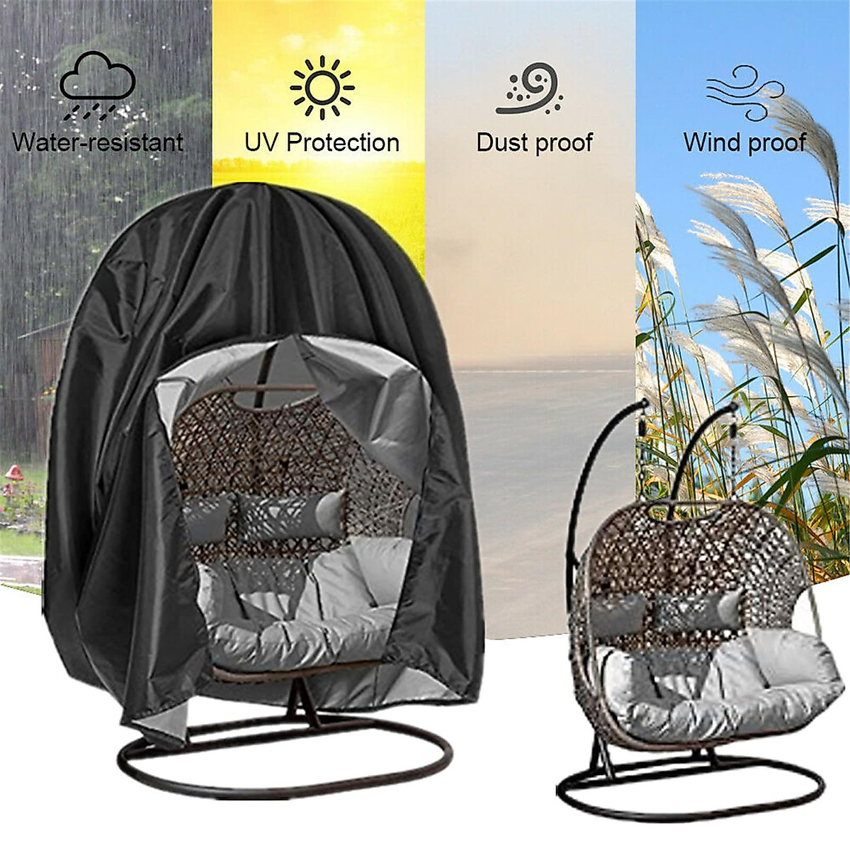 ASkinds Patio Hanging Egg Chair Covers with Zipper, Durable Double Wicker Egg Swing Chair Covers 91" Hx80 D Waterproof Resisatnt Outdoor Garden Chair Cover, Windproof Hanging Chair Cover(Black)