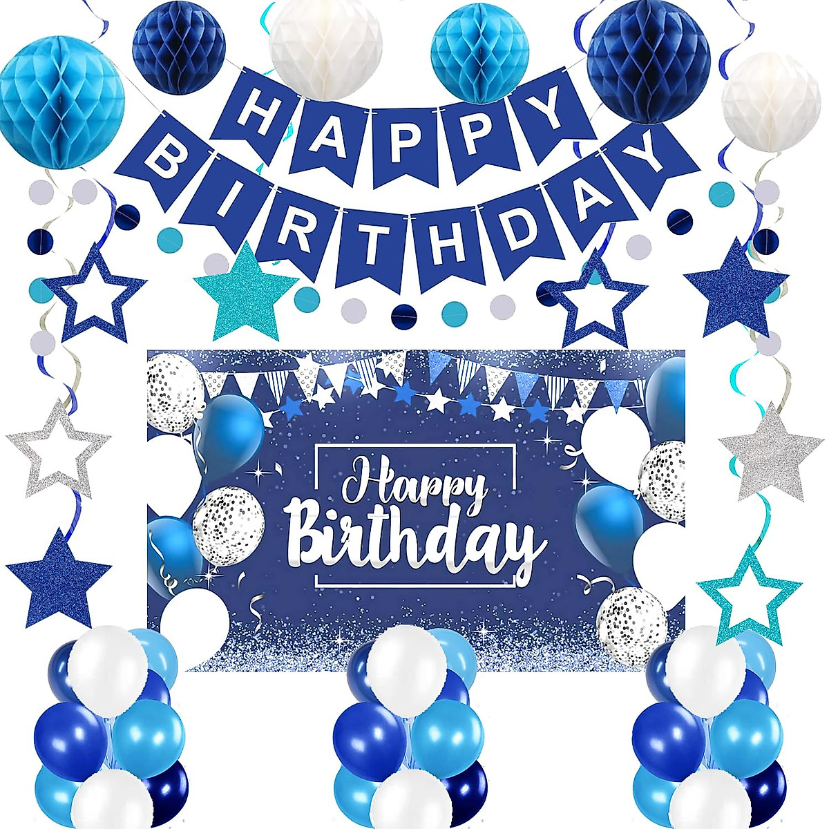 Blue Happy Birthday Decorations, 41 Pack Happy Birthday Banner, Balloons, Backdrop, Hanging Swirl, Honeycomb Ball and Circle Dot Garland Supplies for Birthday Party