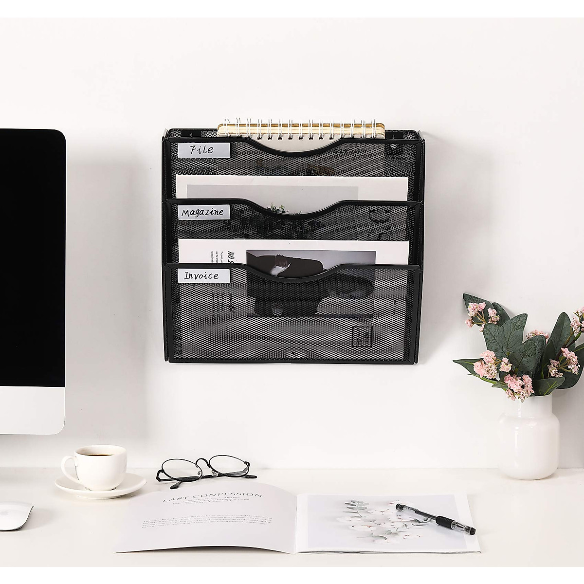 EasyPAG Office File Organizer 3 Pocket Vertical Wall Hanging File Folders Holder Mail Paper Holder Rack ,Black