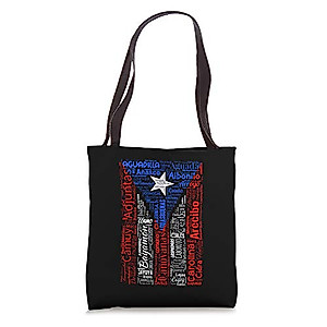 Puerto Rican Flag Shirt with Towns and Cities of Puerto Rico Tote Bag