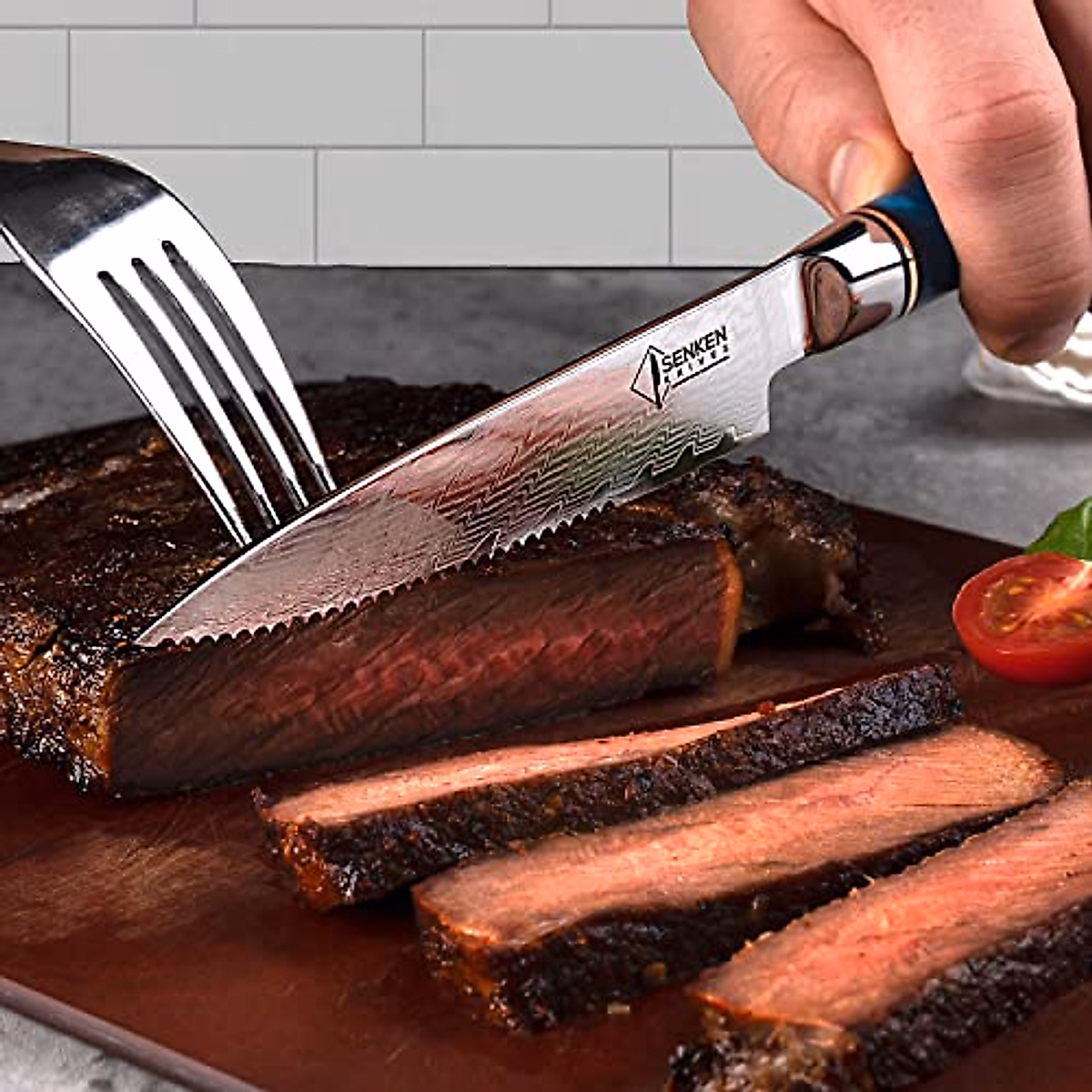 SENKEN 13-Piece 67-Layer Damascus Steel Kitchen Knife Set - "Tsunami" Collection - 7-Piece Chef Knife Set with 6 Matching Damascus Steak Knives