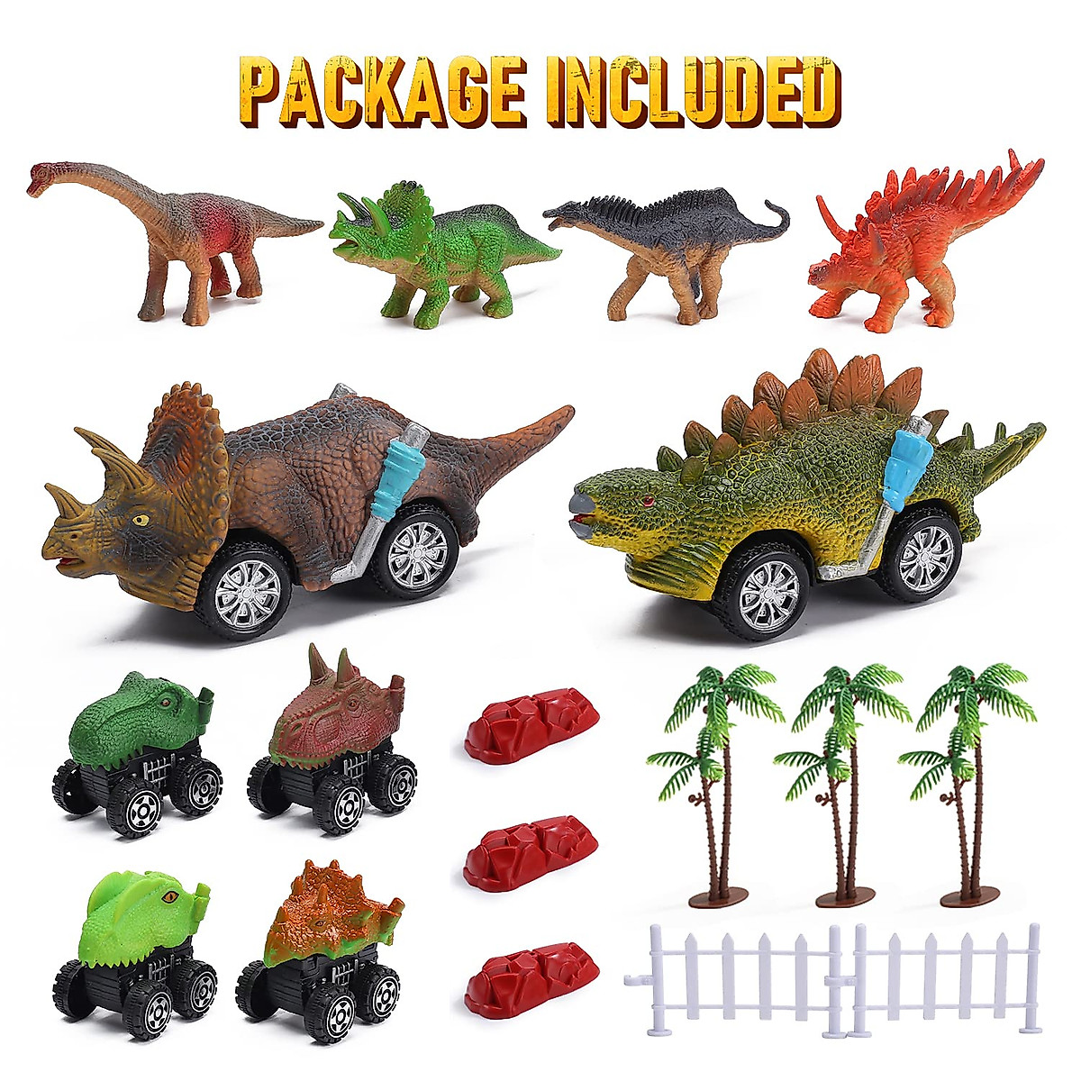 CUTE STONE Dinosaur Truck for Kids 3-5, Dinosaur Transport Truck with Dinosaur Toys and Play Mat, 2 Friction Powered Cars, 4 Pull Back Dinosaur Cars, Dino Car Playset for Boys