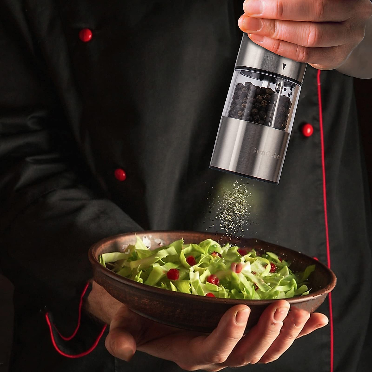 SimCoker Electric Salt and Pepper Grinder Set, Battery Operated Stainless Steel Pepper Grinder Mill Electric with Light, Automatic One Handed Operation, Adjustable Coarseness, Ceramic Grinder, 2 Pack