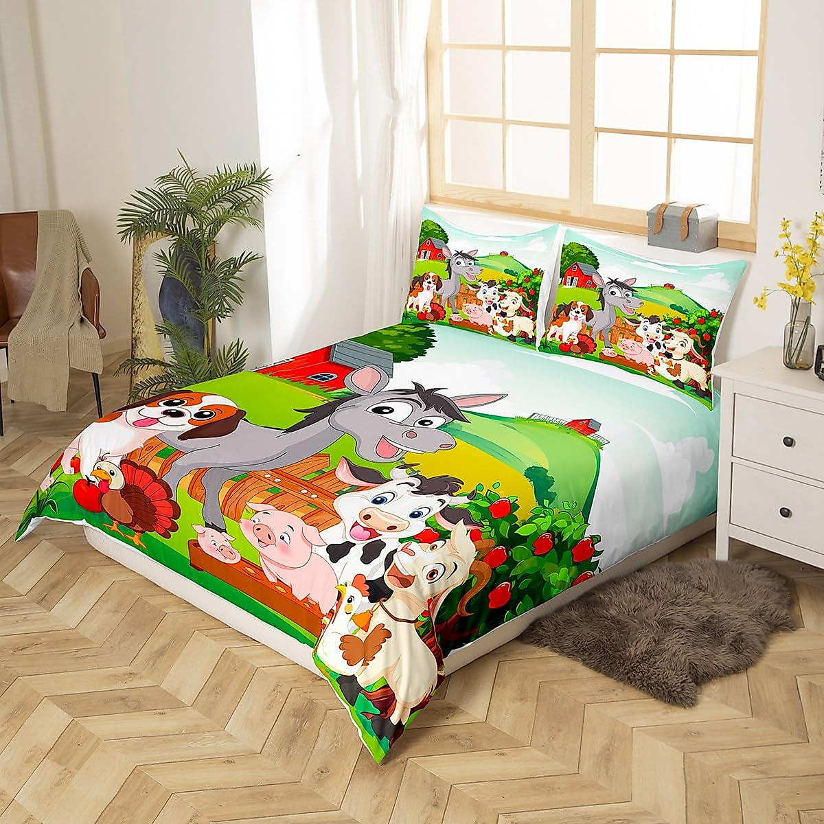Cute Farm Animals Bedding Set Kids Cartoon Pig Dog Cow Horse Duvet Cover for Boys Girls Teens Nature Country Style Comforter Cover Farmhouse Rustic Bedspread Cover Bedroom Decor Quilt Cover Twin Size