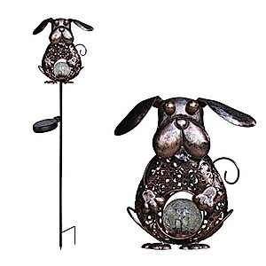 KAIXOXIN Garden Solar Lights Metal Dog Crackle Glass Globe Stake Lights,Waterproof Warm White LED Solar Path Lights (Dog-Bronze)