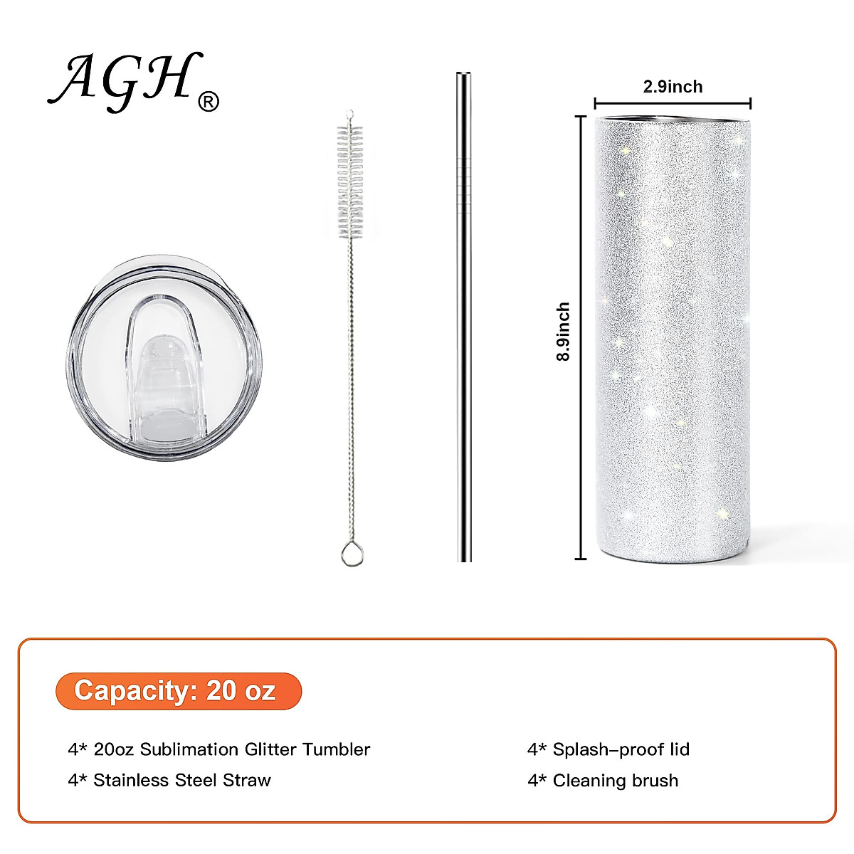 AGH Sublimation Glitter Tumbler Blanks 20oz Glitter Skinny Tumbler Bulk, 4 Pack Silver Stainless Steel Double Wall Insulated with Lid and Metal Straw