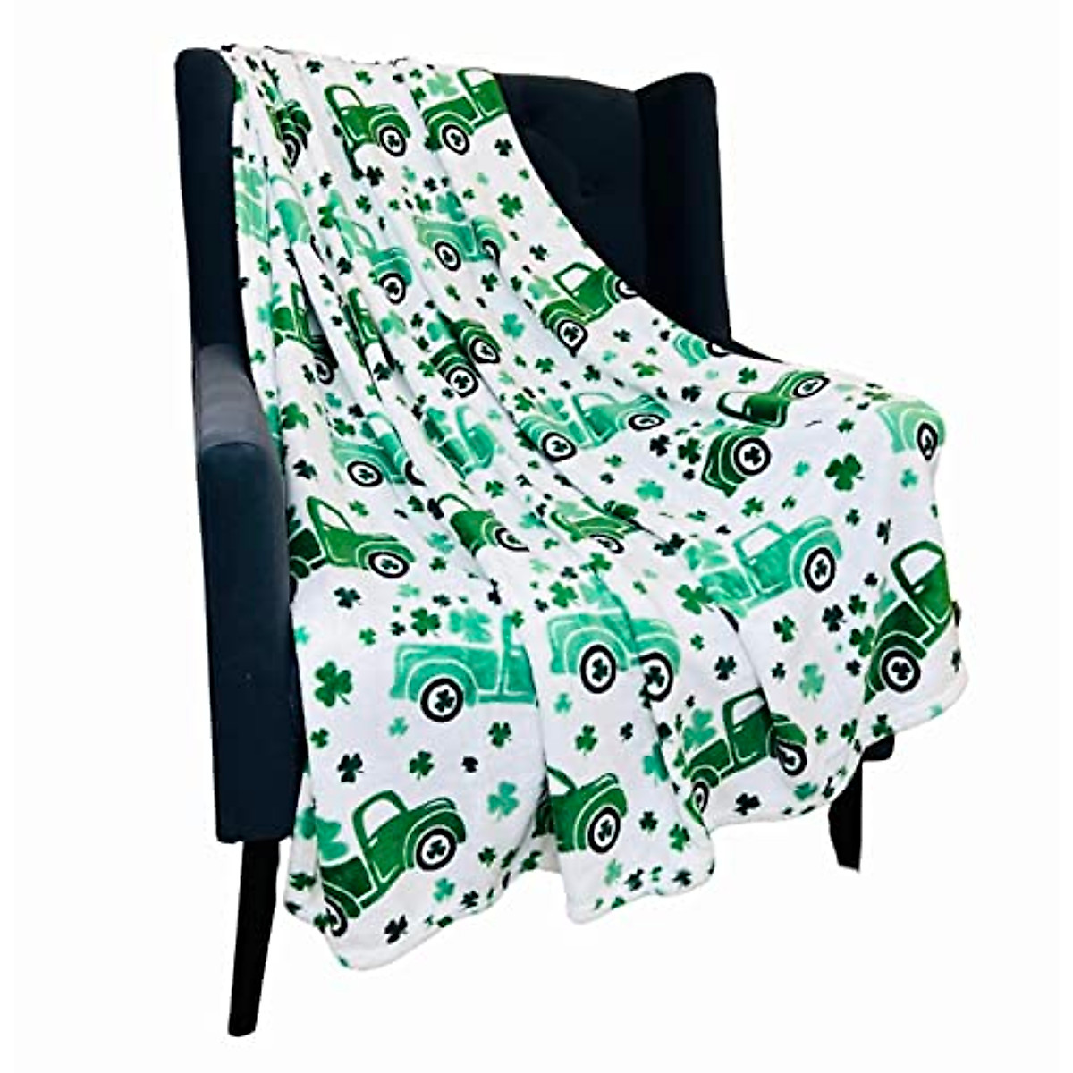 St. Patrick's Day Throw Blanket: Decorative Truck Full of Luck with Shamrock Clovers on Distressed Background Cozy Fuzzy Fleece Decorative Accent for Couch Sofa Chair Bed or Dorm (Irish Go Lucky)