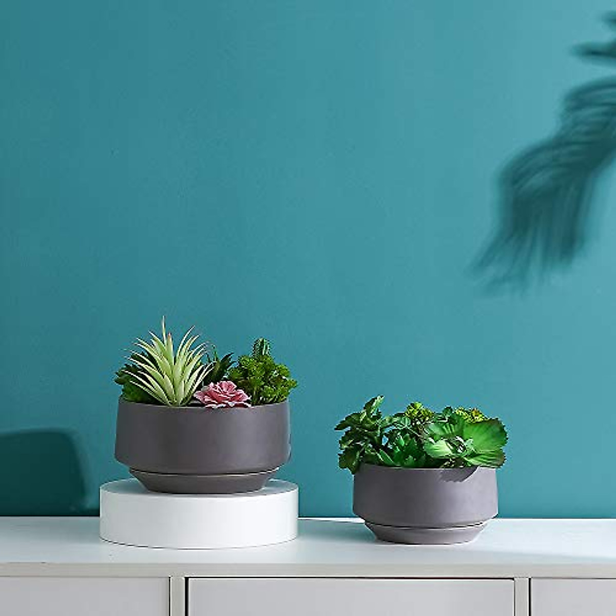Yishang Ceramic Planter Pot with Drainage Hole and Saucer/Tray, Indoor Cylinder Round Planter Pot,Set of 2 Glazed Ceramic Modern Planters Indoor Bonsai Container for House Plants(Matte Grey, Medium)