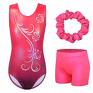 BAOHULU Gymnastics Leotards for Girls Glitter Dancewear with Matching Shorts Set KHB275_Rose_12A