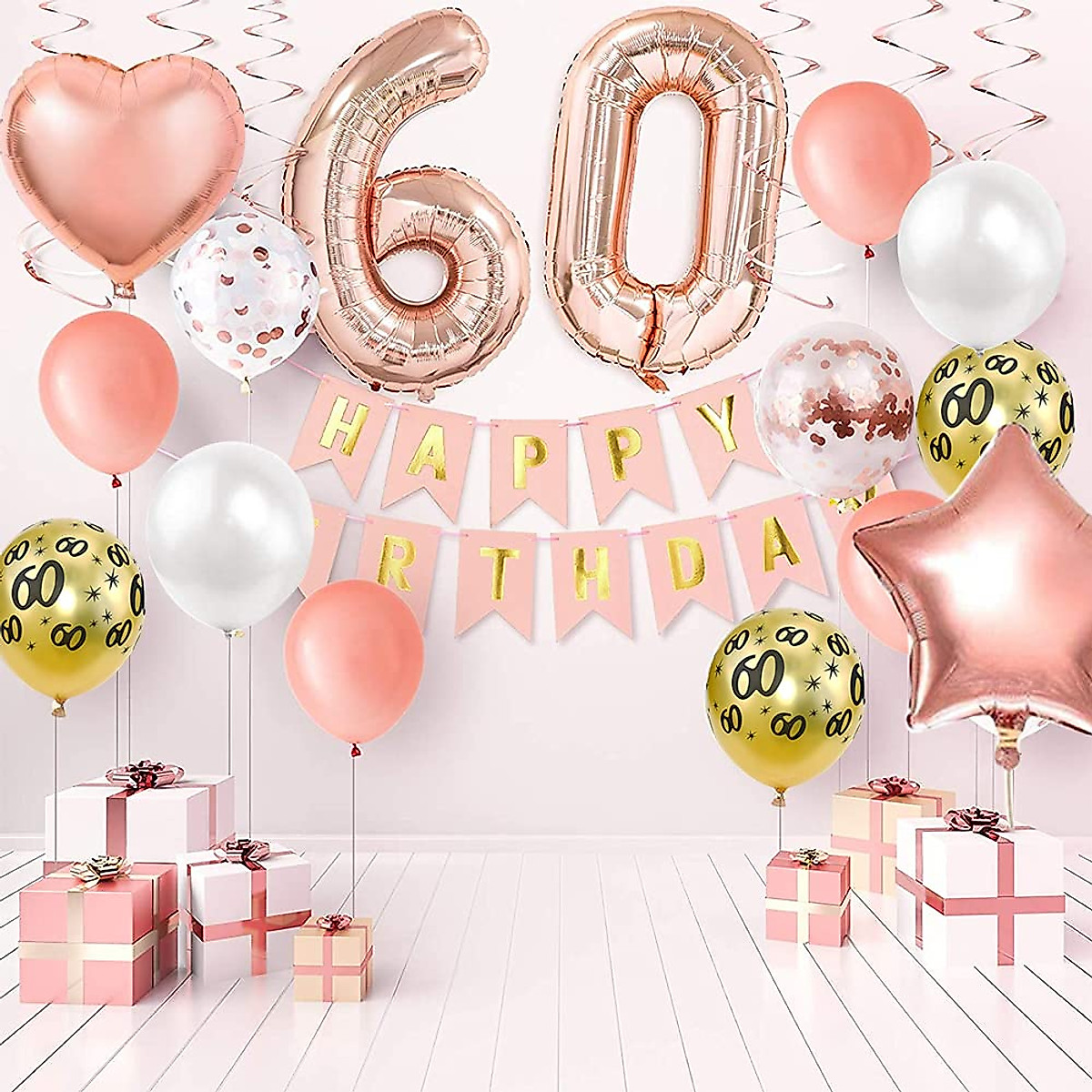 41Pcs 60th Rose Gold Birthday Decoration,Pink Birthday Decor,Rose Gold Balloons,Rose Gold Glittery Happy Birthday Banner for Women Birthday Party Supplies