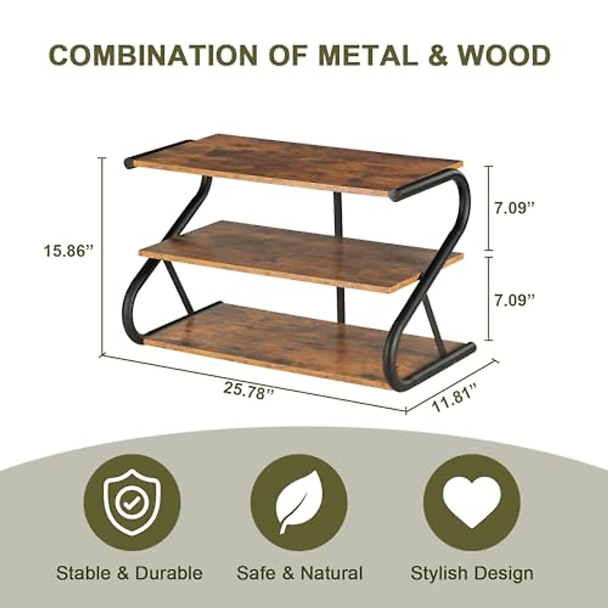 BWOORACKU Shoe Rack - Multi-Functional 3-Tier Z-Shaped Wooden Storage Organizer for Shoes, Entryway to Garage & More(Rustic)