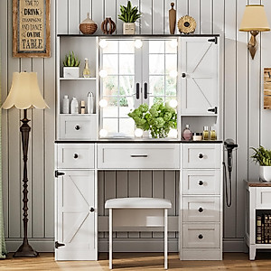 VOWNER Vanity with Lighted Mirror - Farmhouse Makeup Vanity Desk with 7 Drawers, 2 Cabinets and Outlet, 3 Color Lighting Modes Adjustable Brightness, Vanity Table with Stool for Bedroom, White & Black