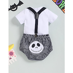 My First Halloween Outfit Baby Boy Newborn Gentleman Suspender Romper and Skull Bottom Halloween Clothing (Skull Striped, 0-3 Months)
