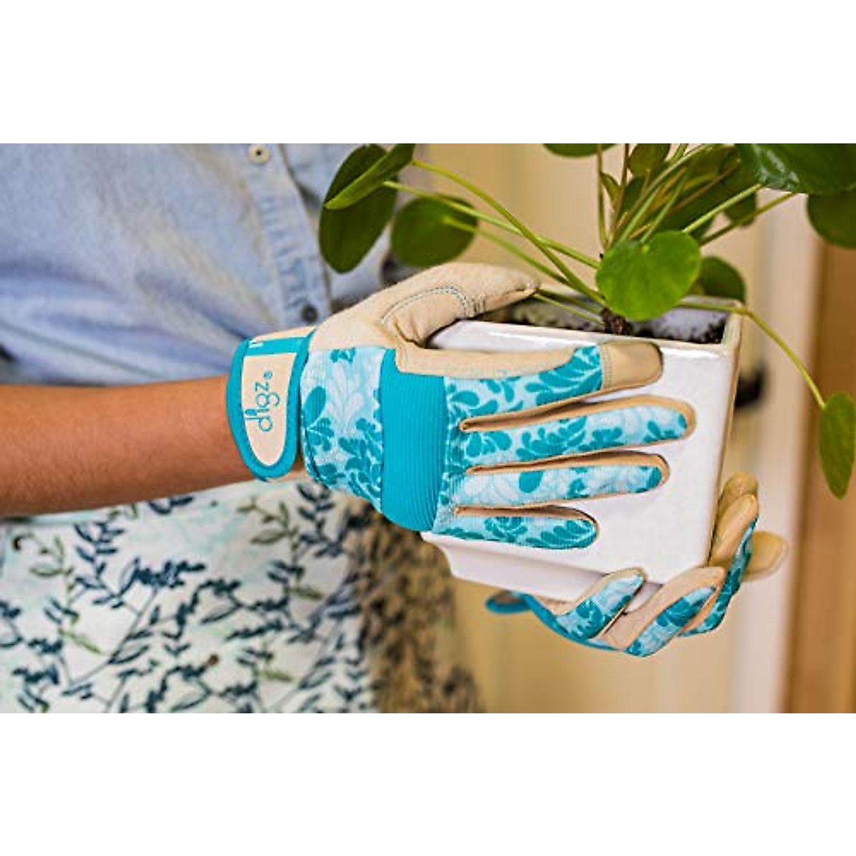 DIGZ 7606-23 High Performance Women's Gardening Gloves, Work Gloves with Touchscreen Compatible Fingertips, Blue Leaves Pattern, Medium, Orange