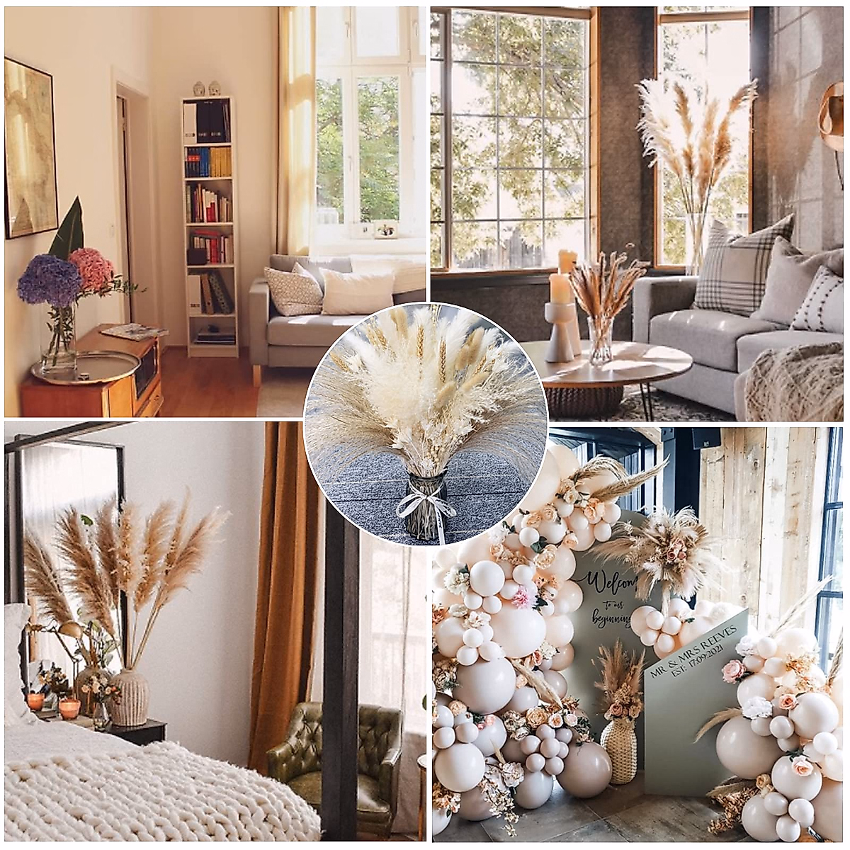 80 Pcs Pampas Grass Home Decor and 2 Pack Sunflower Solar Lights Outdoor, Solar Garden Lights with 3 Sunflower