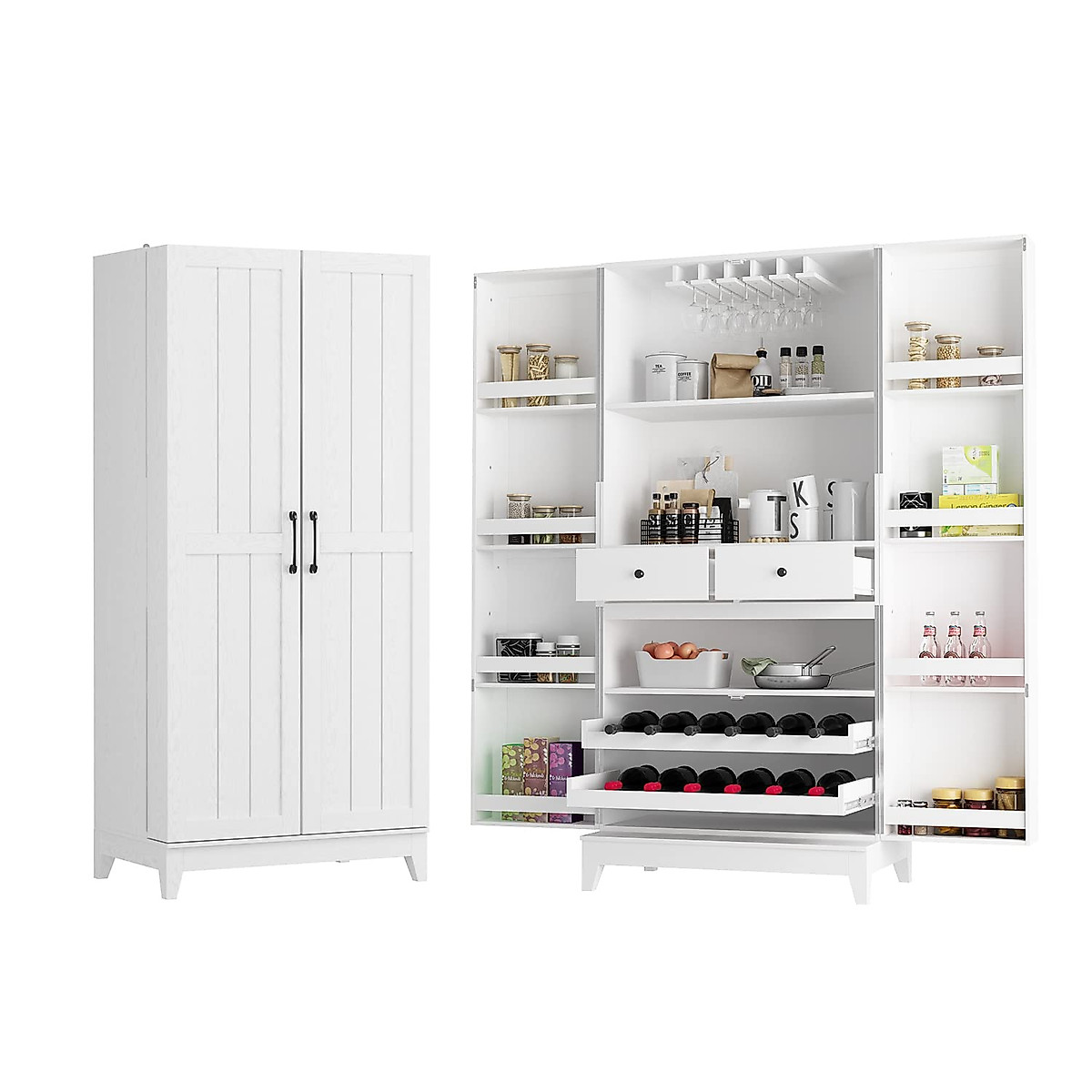 AIEGLE Kitchen Pantry Cabinet with Sliding Tray, 2 Door Freestanding Cupboard Storage Organizer with Drawers, Wine & Seasoning Rack, White 68.9" Tall