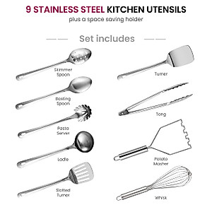 FineDine Stainless-Steel Kitchen Utensil Set - 10-piece premium Nonstick & Heat Resistant Gadgets, Turner, Spaghetti Server, Ladle, Serving Spoons, Whisk, Tongs, Potato Masher & Utensil Holder