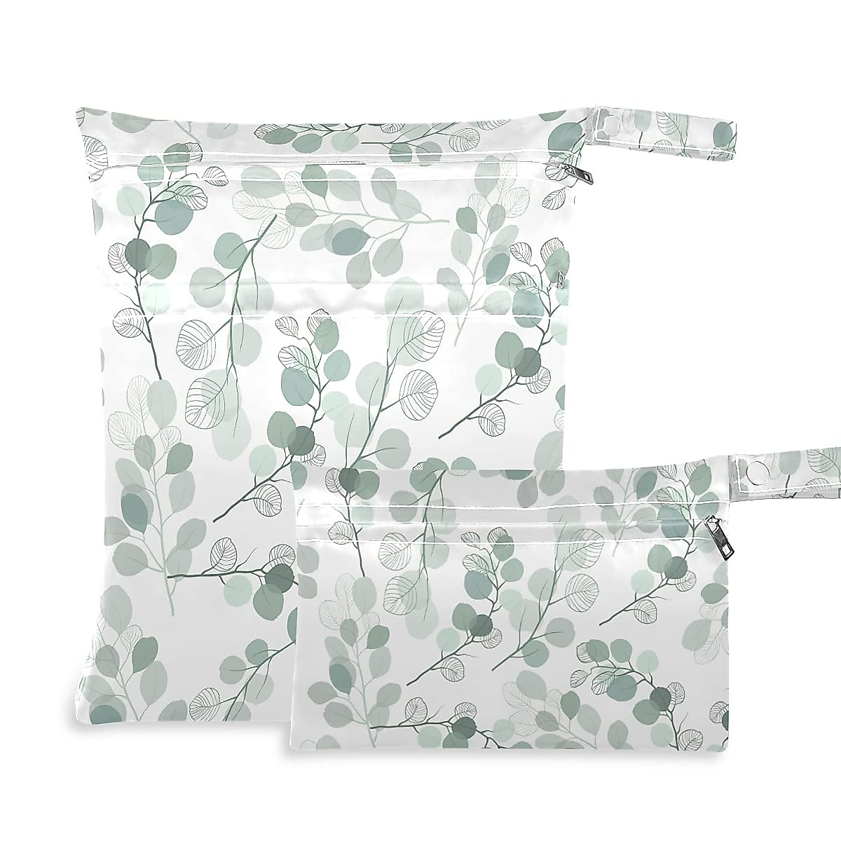 OTVEE Chic Eucalyptus Leaves Branch Wet Dry Bag, 2 Pcs Waterproof Reusable Wet Bag for Cloth Diaper Swimsuit