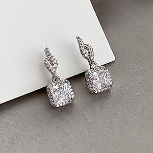 Soar-leap Silver Crystal Square Clip On Earrings Diamond Dangle Earrings for Women Girls Non Pierced for Brides Wedding Bridesmaid