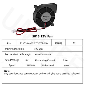 5015 Brushless Cooling Fan 4PCS 3D Printer Blower DC 12V Fans 50x50x15mm Fan for Hotend Extruder Heat Sinks with 2 Pin Terminal and Other Small Appliances Series Repair Replacement(12V 0.18A)