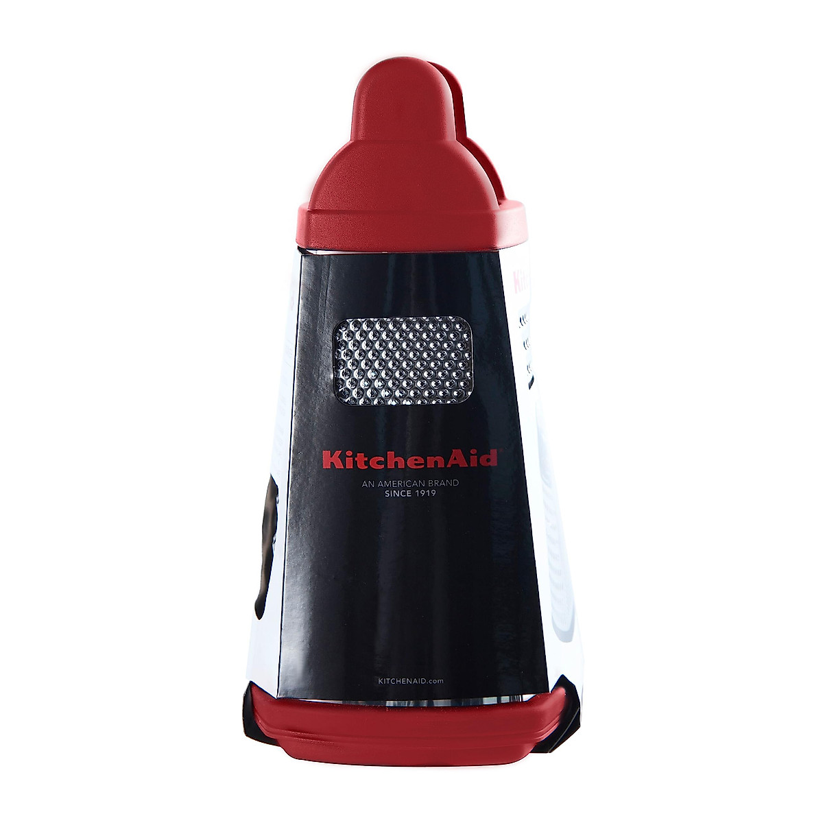 KitchenAid Gourmet 4-Sided Stainless Steel Box Grater for Fine, Medium and Coarse Grate, and Slicing, Detachable 3 Cup Storage Container and Measurment Markings, Dishwasher Safe, 10 inch, Red