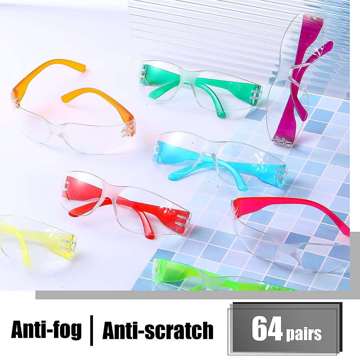 Yunsailing 64 Pairs Clear Safety Glasses for Man Woman Protective Glasses with Anti Fog Lens Scratch Impact Resistant Adult Color Temple Wrap Eye Protection Lab Shooting Construction