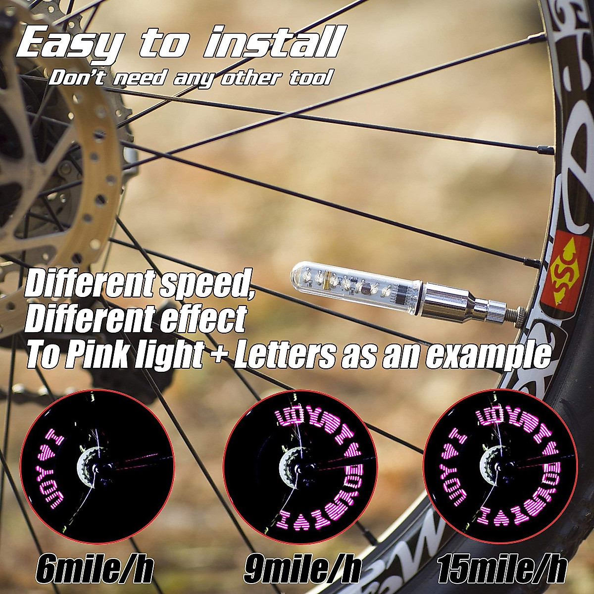 DAWAY A08 Bike Wheel Lights - Led Bicycle Tire Valve Stem Light, 2 Pack, Waterproof Neon Flashing Bycicle Lamp, Cool Safety Accessories for Boys, Kids, Adults, Motion Activated, White Graphics