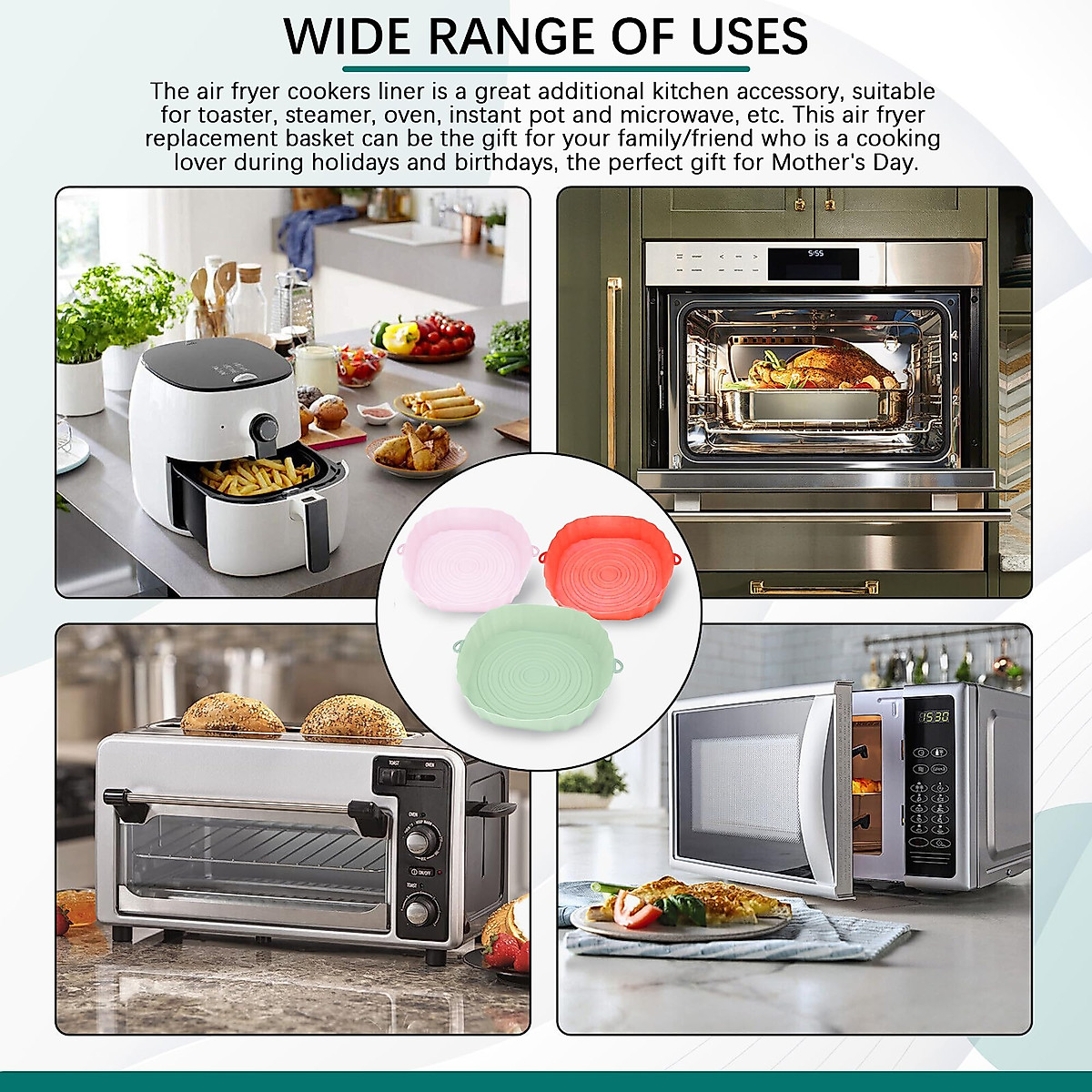 Silicone Air Fryer Accessories Pack of 3(Green, Pink, Red) Liner Basket Air Fryer Silicone Pot Tray, Reusable Air Fryer Silicone Basket Heat Resistant Easy Cleaning, Oven Baking Tray