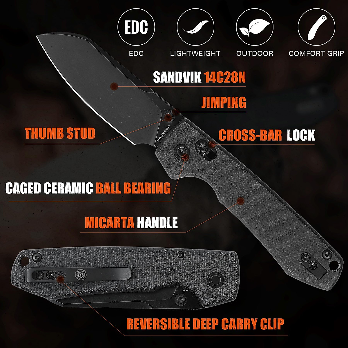 Vosteed EDC Knife, Lightweight Folding Pocket knife with Clip for Men and Women, Crossbar Lock Knife with 3.25" Sandvik 14C28N Steel Cleaver Blade, Micarta Handle for Camping, Hiking - Raccoon