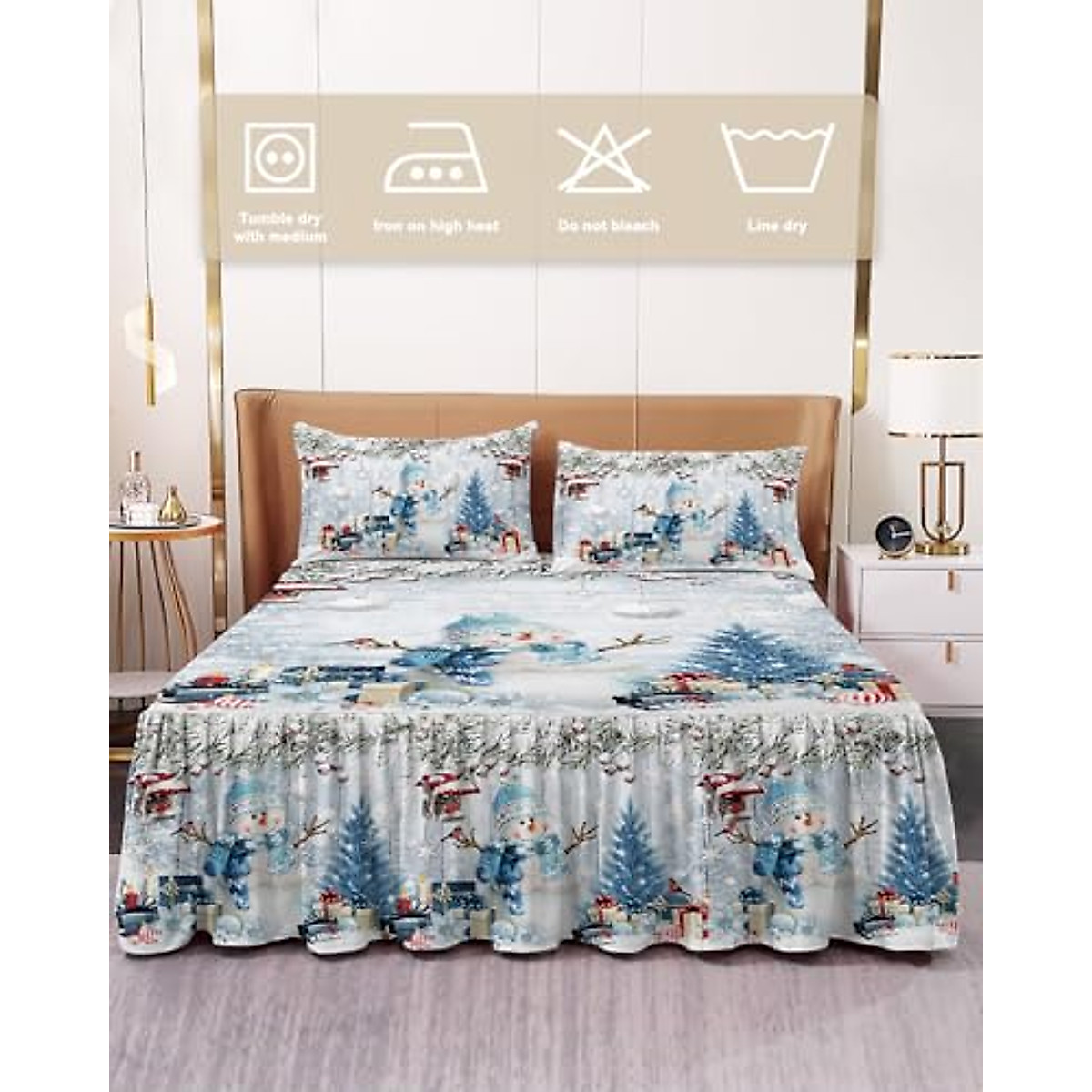 AMZRicher Snowman Wrap Around Pleated Bed Skirts for Queen Bed 60x80, Decorative Dust Ruffle Bed Sheet & Bedskirt 18'' Drop Bedspread with Pillow Case 20x30 Christmas Winter Farmhouse Ball Snowflake