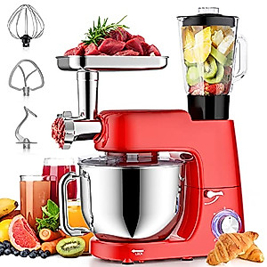 Stand Mixer, 6 IN 1 Multifunctional Electric Kitchen Mixer 660W 6 Speed with 7.4QT Stainless Steel Bowl, 1.5L Glass Jar, Meat Grinder, Dough Hook, Whisk, Beater, Sausage Kit, Food Mixer for Baking