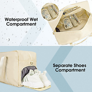 Sports Gym Bag with Wet Pocket & Shoes Compartment, Travel Duffel Bag for Men and Women Lightweight Fabric upgrade, Beige