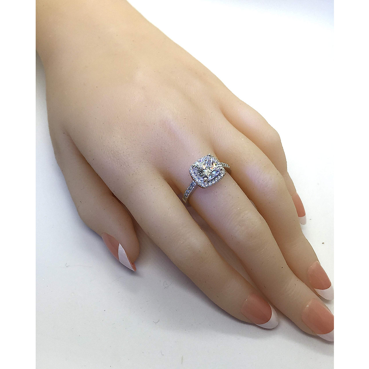 Diamonbella 101 Facets 2 Carat Princess Cushion Cut NSCD Simulated Diamond Ring Double Band Set 925 Silver Platinum Plated Halo (7)