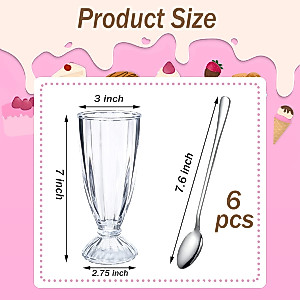 Cezoyx Set of 6 Milkshake Glasses with Spoons, 12 Oz Old Fashioned Soda Glasses Clear Cocktail Glasses, Ice Cream Sundae Cups for Smoothies, Milk Shakes, Sundaes and more