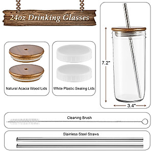 DAYYET Glass Cups Set - 24oz Mason Jar Drinking Glasses with Acacia Wood Lids & Straws & Airtight Lids - Wide Mouth Iced Coffee Cups Boba Bottle Tumbler for Bubble Tea, Smoothie - 2 Pack