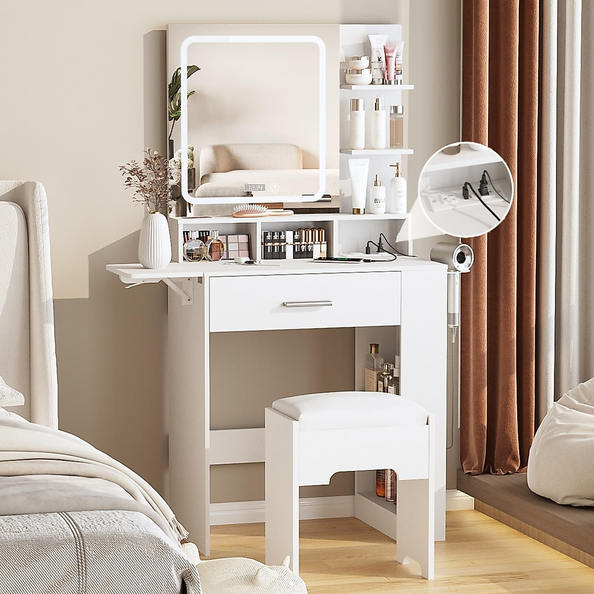 Fameill Vanity Desk with Mirror and Lights, Small Makeup Vanity with Drawer & Lots Storage Shelves, White Vanity Table with Charging Station & Time Display, Vanity Set with Chair, for Bedroom