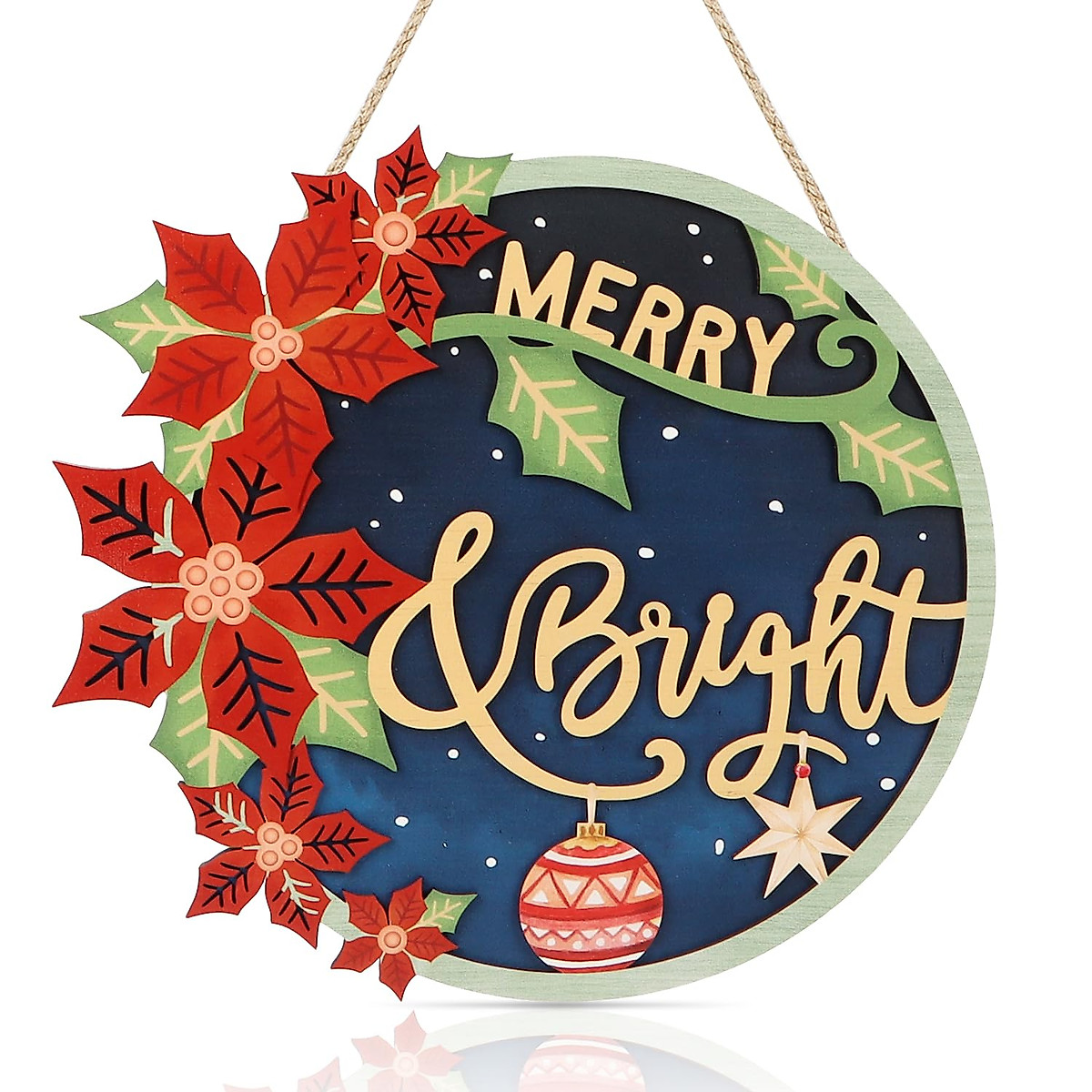 CHDITB Christmas Decoration Merry & Bright Door Sign(11.4"x11.4"), Wooden 3D Christmas Wall Hanging Sign with Mistletoe Jingle Bell, Cute Housewarming Gift for Home Office Xmas New Year