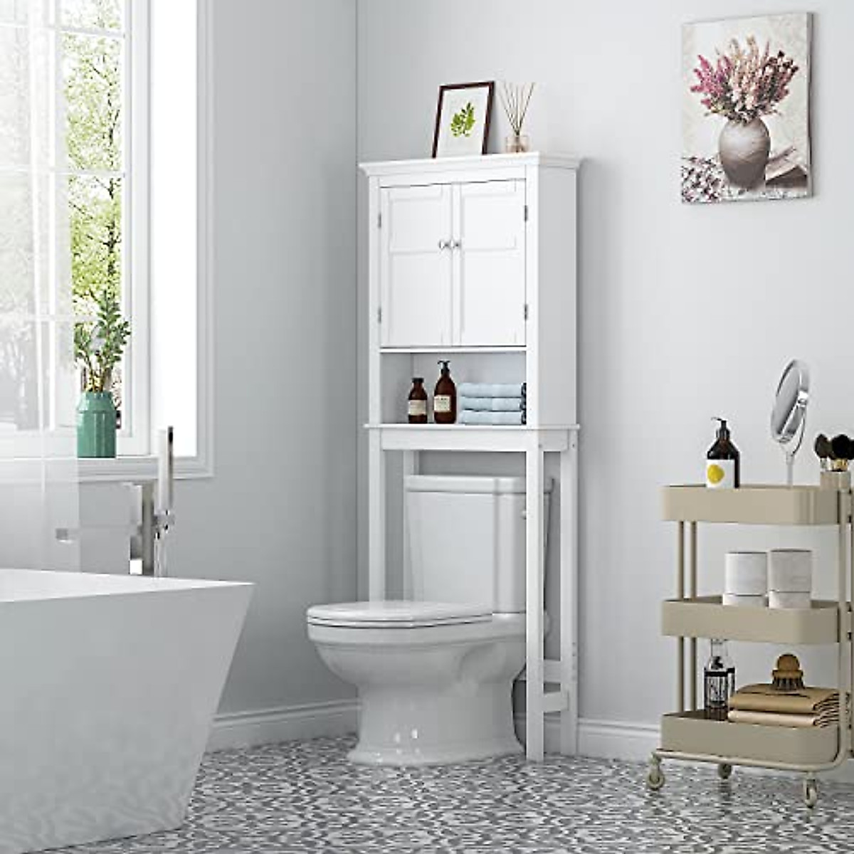 UTEX Bathroom Storage Over The Toilet, Bathroom Cabinet Organizer with Adjustable Shelves, Bathroom Space Saver for Bathroom, White