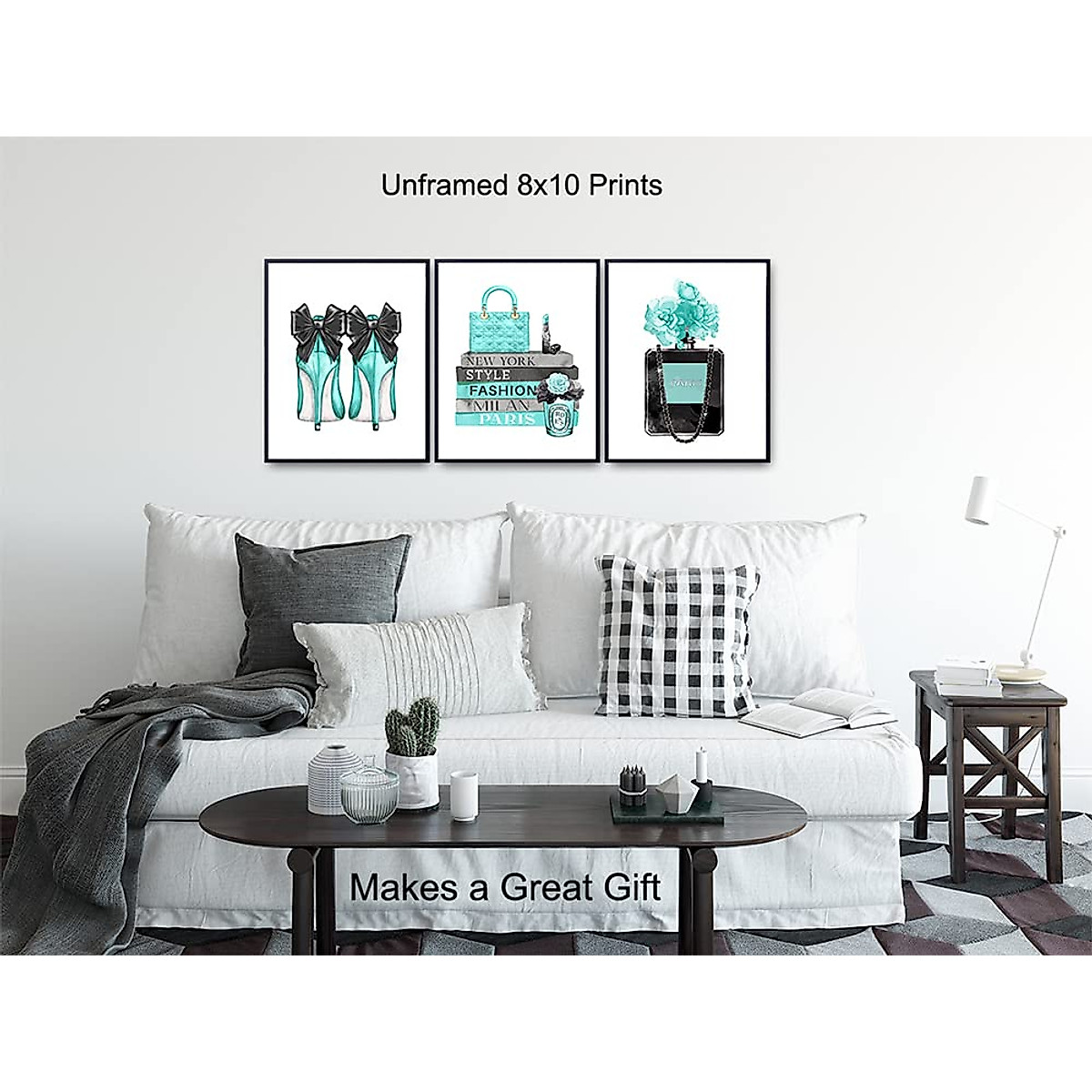 Glam Wall Decor - Designer Perfume, Shoes, Handbags - High Fashion Design Gift for Fashionista - Luxury Couture Wall Art Poster Picture Print Set for Women, Teens, Girls Bedroom