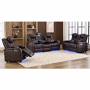 Power Recliner Sofa Set with 7 Colors Ambient Lights，Recliner Couches for Living Room Reclining Sofa with Type-C & USB Charge, Air Leather Recliner Sofa LED Couch Living Room Furniture Set (1+2+3)