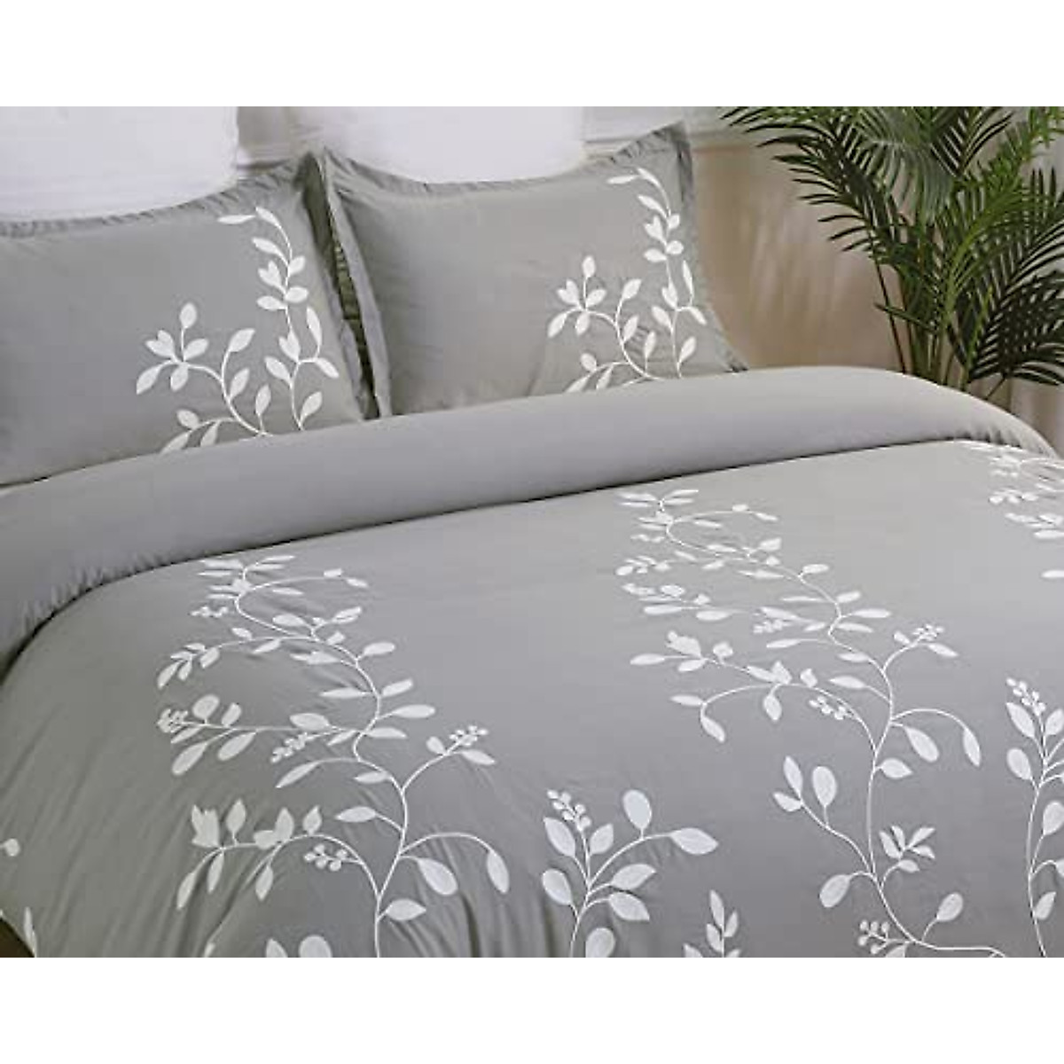 Dykoos Embroidered Soft Brushed Microfiber Duvet Cover Set, Floral Branches, Gray and White, King Size with Zipper Closure and Corner Ties, 1 Duvet Cover and 2 Pillow Shams